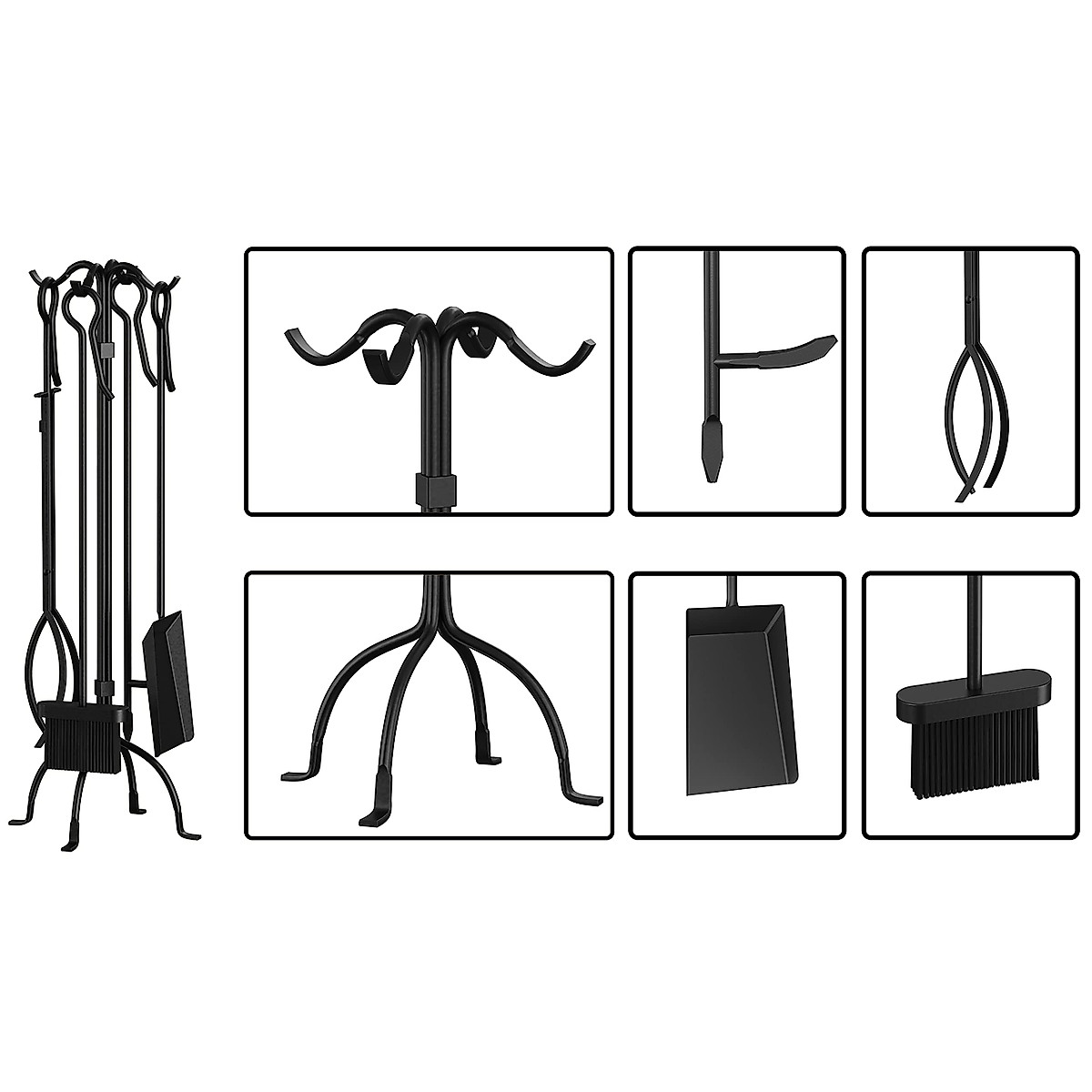 Fire Beauty 5-Piece Fireplace Tools Set, Heavy Duty Wrought Iron Fire Place Toolset, Black