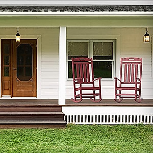 POLYDUN Outdoor Rocking Chairs, High Back Poly Lumber Patio Rocker Chair, 365Lbs Support Rocking Chairs, All-Weather Porch Rocking Chair for Lawn, Backyard, Indoor, Garden, Like Real Wood, Red, 2 Pack