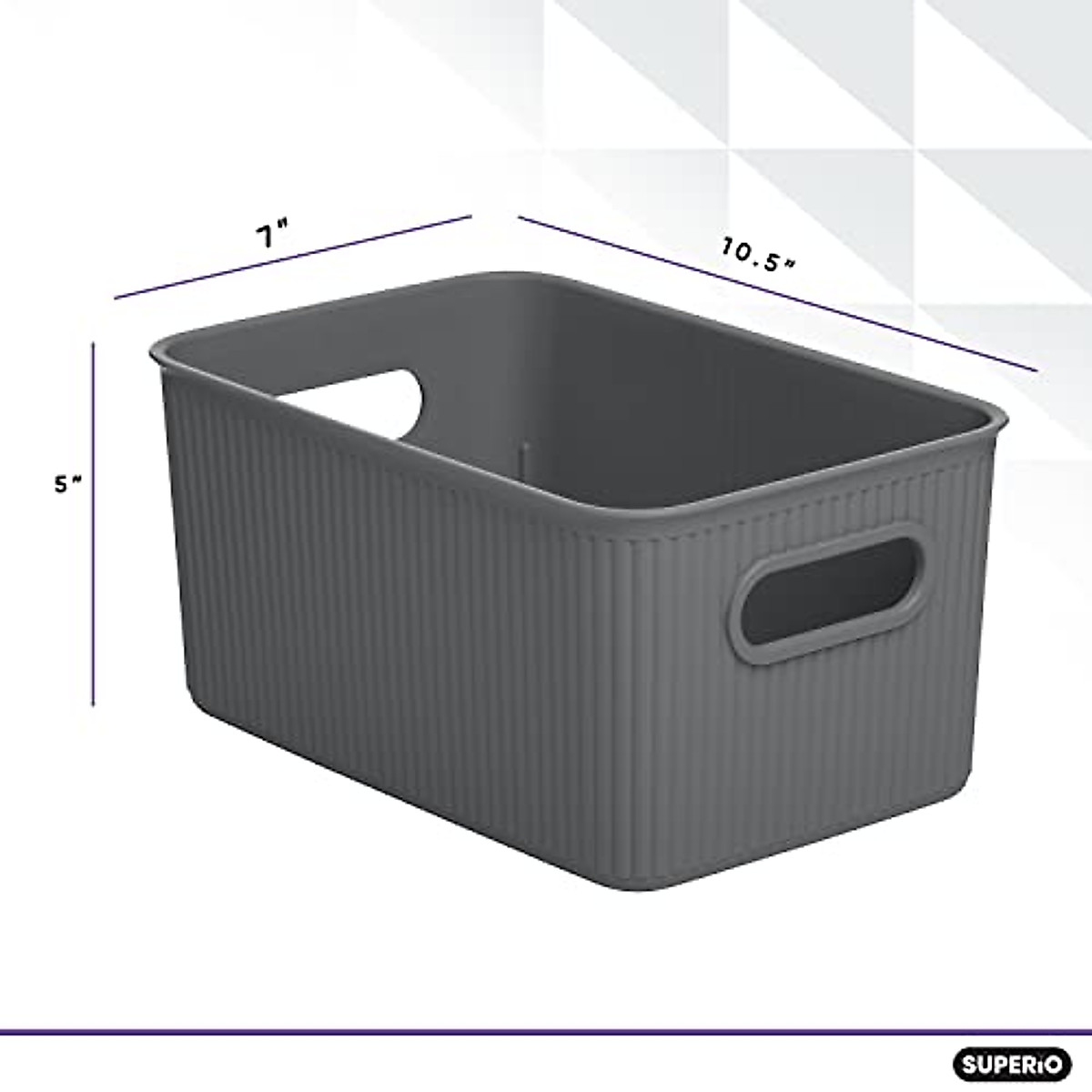 Superio Decorative Plastic Open Home Storage Bins Organizer Baskets, Medium Grey (1 Pack) Container Boxes for Organizing Closet Shelves Drawer Shelf - Ribbed Collection 5 Liter