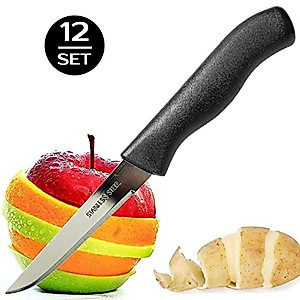 Brenium Paring and Garnishing Knife, 12-Piece Set, Knives with Straight Edge 3 Inch Blade, Stainless Steel, Spear Point, Fruit and Vegetable Cutting and Peeling, Black