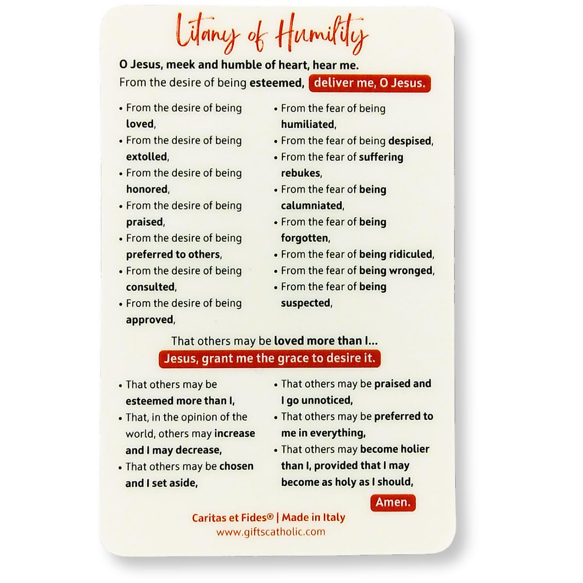 Pack of 5 - Litany of Humility Prayer Cards - Catholic Prayer Cards, Wallet Size Holy Cards (2.1" x 3.3") - Made in Italy