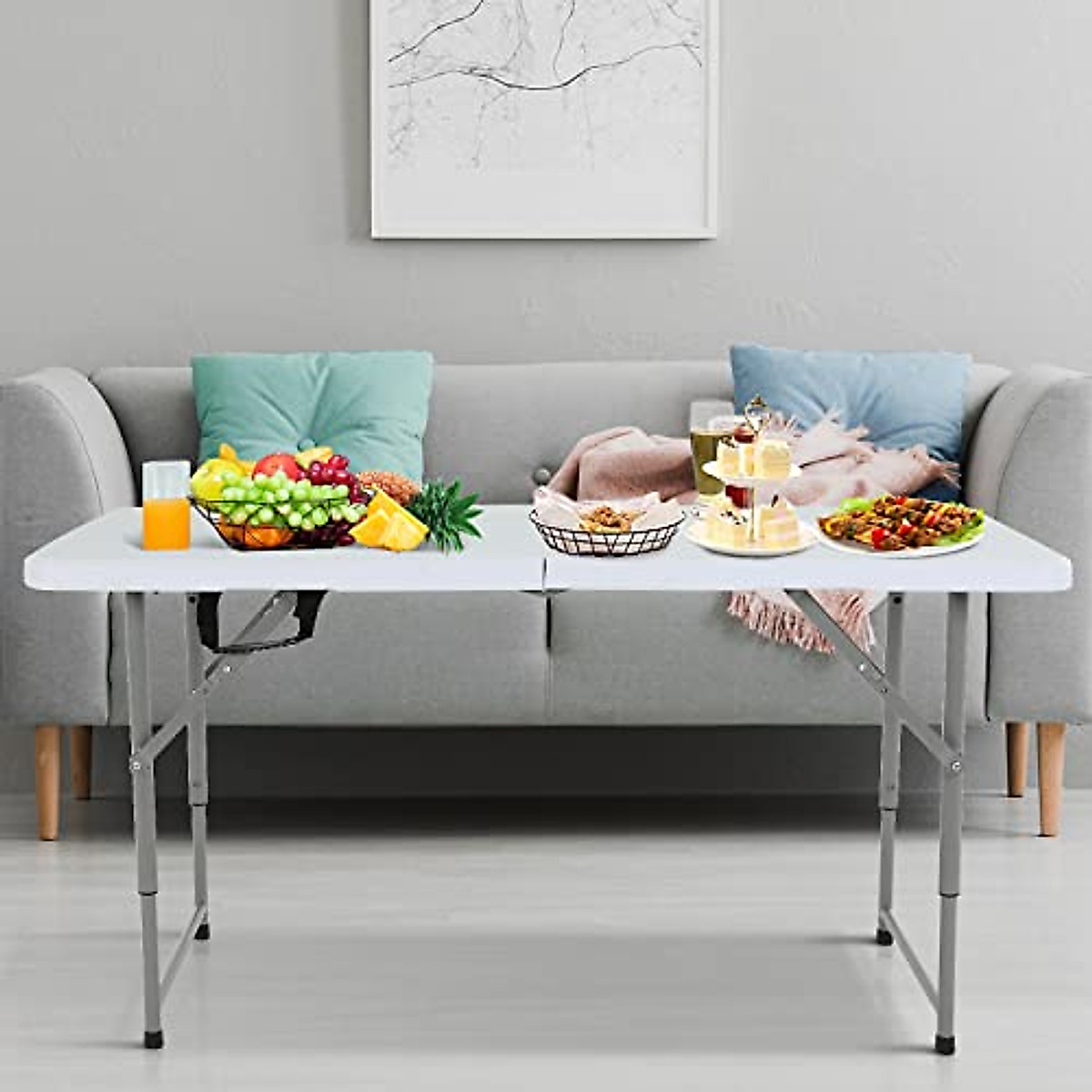 HKLGorg Folding Table 4 Ft Heavy Duty Fold Up Table Camping Working Table Indoor Outdoor Plastic Folding Table Utility Party Dining Table Easy to Assemble with Lock Function White