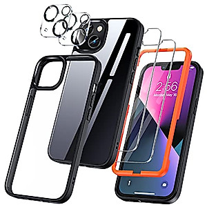 UniqueMe [5 in 1 Design for iPhone 13 Mini ase, 2 Pack Screen Protector Tempered Glass + 2 Pack Camera Lens Protector, [Non-Yellowing] Shockproof Ultra Thin Protective Cover - Black