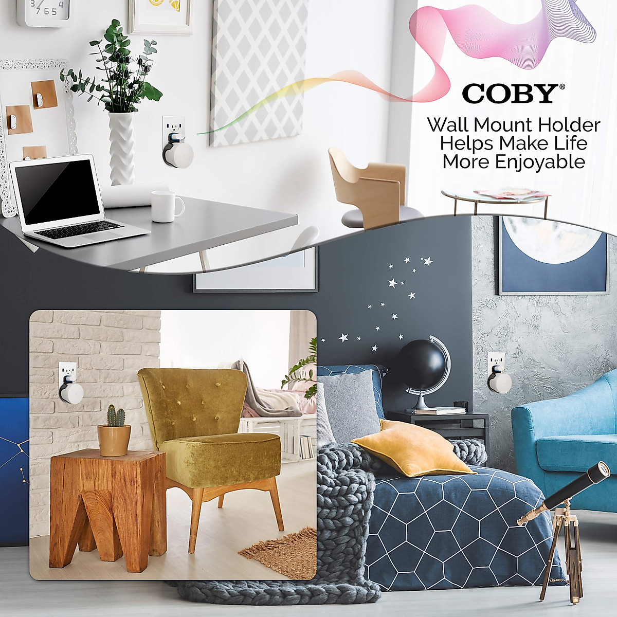 Coby WiFi Wall Mount Holder Compatible for Google Home, Black - Secures Routers to Wall Outlets, Hides Cable for Wall Cable Management - Attach, Power & Charge - Easy Install, Non-Slip Grip