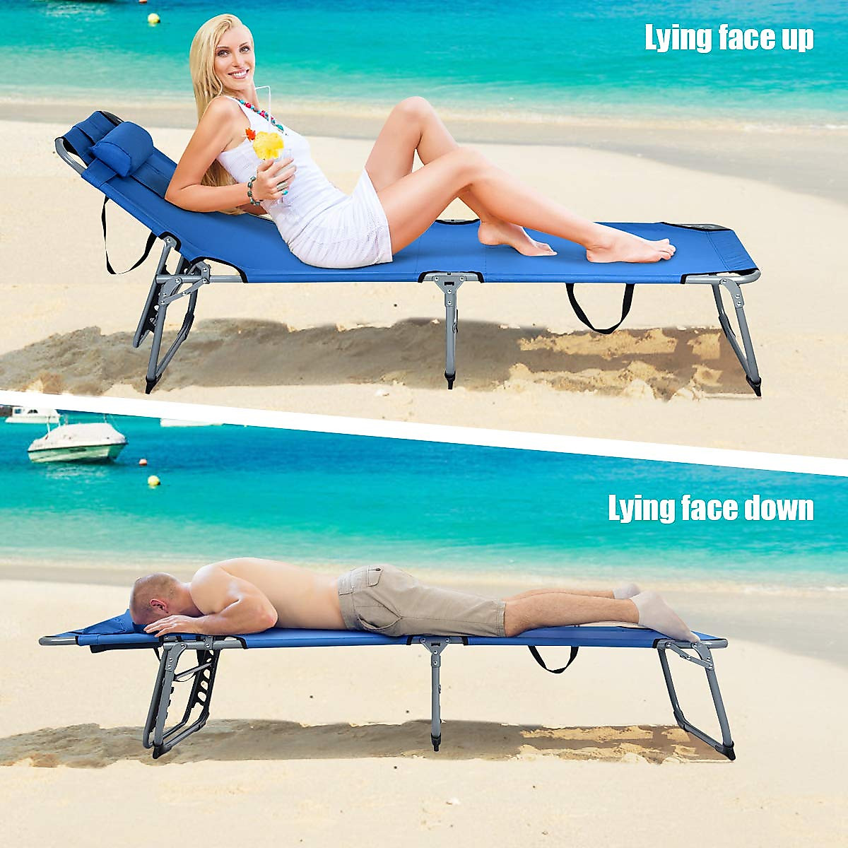 Goplus Tanning Chair, Folding Adjustable Patio Lounge Chair with Face Hole, Removable Pillow, 331LBS, Carry Strap, Outdoor Sunbathing Chair, Lightweight Portable Beach Lounge Chair for Pool Lawn Adult