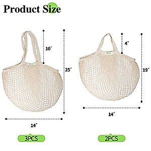 meetall Mesh Grocery Bags, Reusable Tote Bags with Sturdy Handle, Washable, Eco Friendly, Cotton String Net, for Shopping and Storage Fruit Vegetable (5 Pack, 2 Size,Off White)