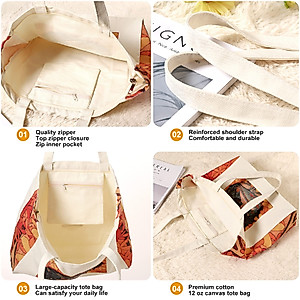 AODUMEY Canvas Tote Bag, Aesthetic Vintage Tote Bags with Zipper Pockets, Cotton Canvas Cloth for Grocery, Book Totes…