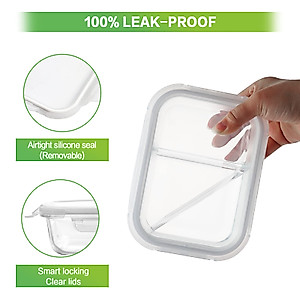 HOMBERKING 10 Pack Glass Meal Prep Containers 2 Compartment, Food Storage Containers with Lids, Airtight Lunch Bento Boxes (10 lids & 10 Containers) - White