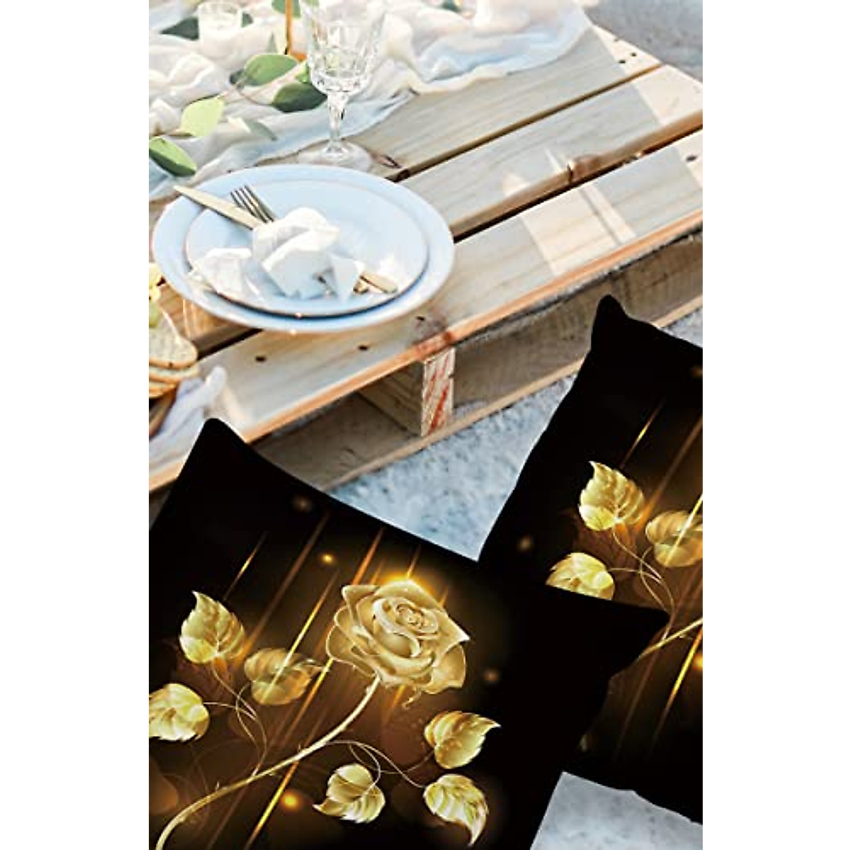 Pack of 2 Outdoor Waterproof Throw Pillow Covers Golden Rose Decorative Garden Cushion Cases for Patio Couch Sofa, Home Decoration 18x18 in