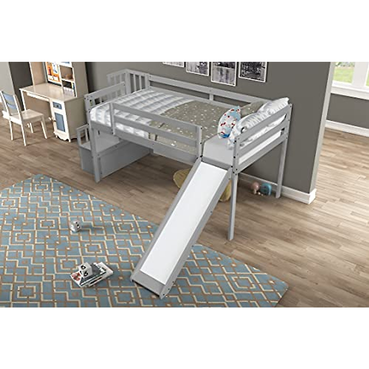 MOEO Twin Size Loft Bed with Slide and Stairs, Wood Bedframe Bedroom Guest Room Furniture,Safety Rail & Storage Shelves for Kids Teens Girls Boys, No Box Spring Needed, Gray