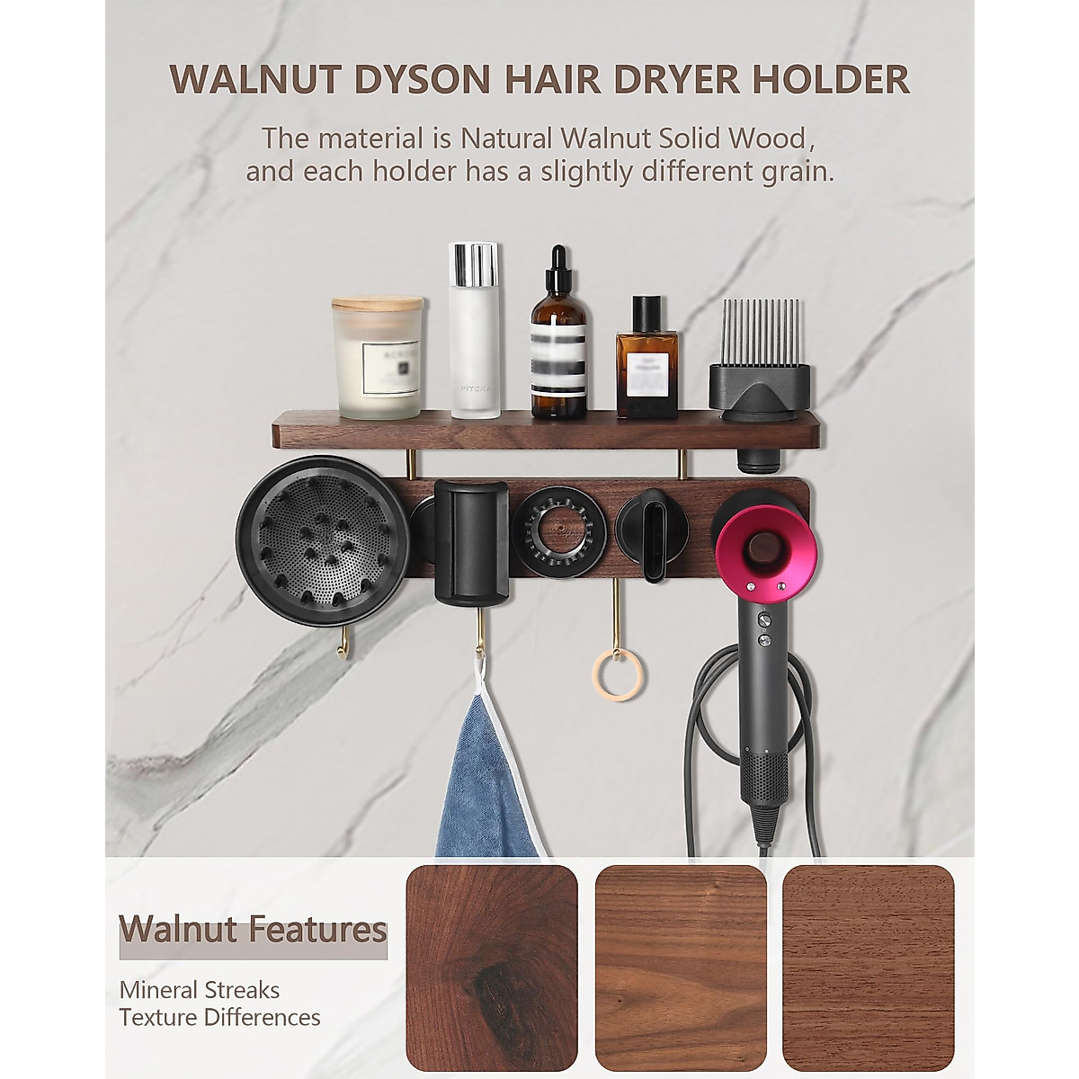 Affogato Walnut Storage Holder Compatible with Dyson Supersonic Hair Dryer and Attachments, Wall Mount Holder with Shelf Organizer for Bathroom Bedroom, Walnut Wood