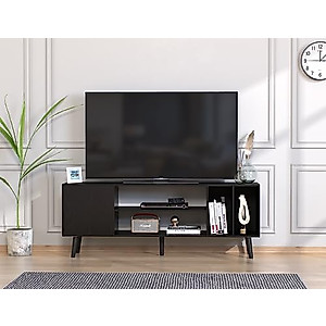 Yusong TV Stand for 55/65 inch TV, Mid Century Modern TV Console Table, Media Entertainment Center with Storage for Living Room Bedroom, Wood TV Cabinet, Oak Black