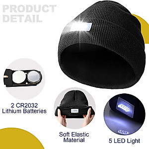 SATINIOR 12 Pcs 5 LED Light Beanie Hat Headlamp Unisex Winter Knitted Cap with Light Gifts for Men(Black)