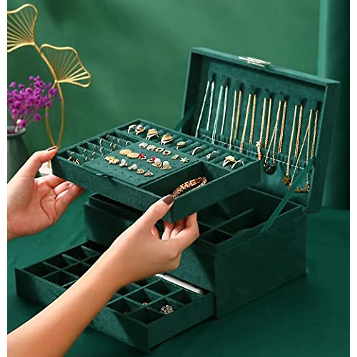 QBestry Jewelry Organizer Box for Women,Green Velvet Jewelry Box 3 Layer Large Jewelry Storage Case with Lock Rings Jewelry Box Organizer for Earrings Necklace Bracelets Storage Box,Green