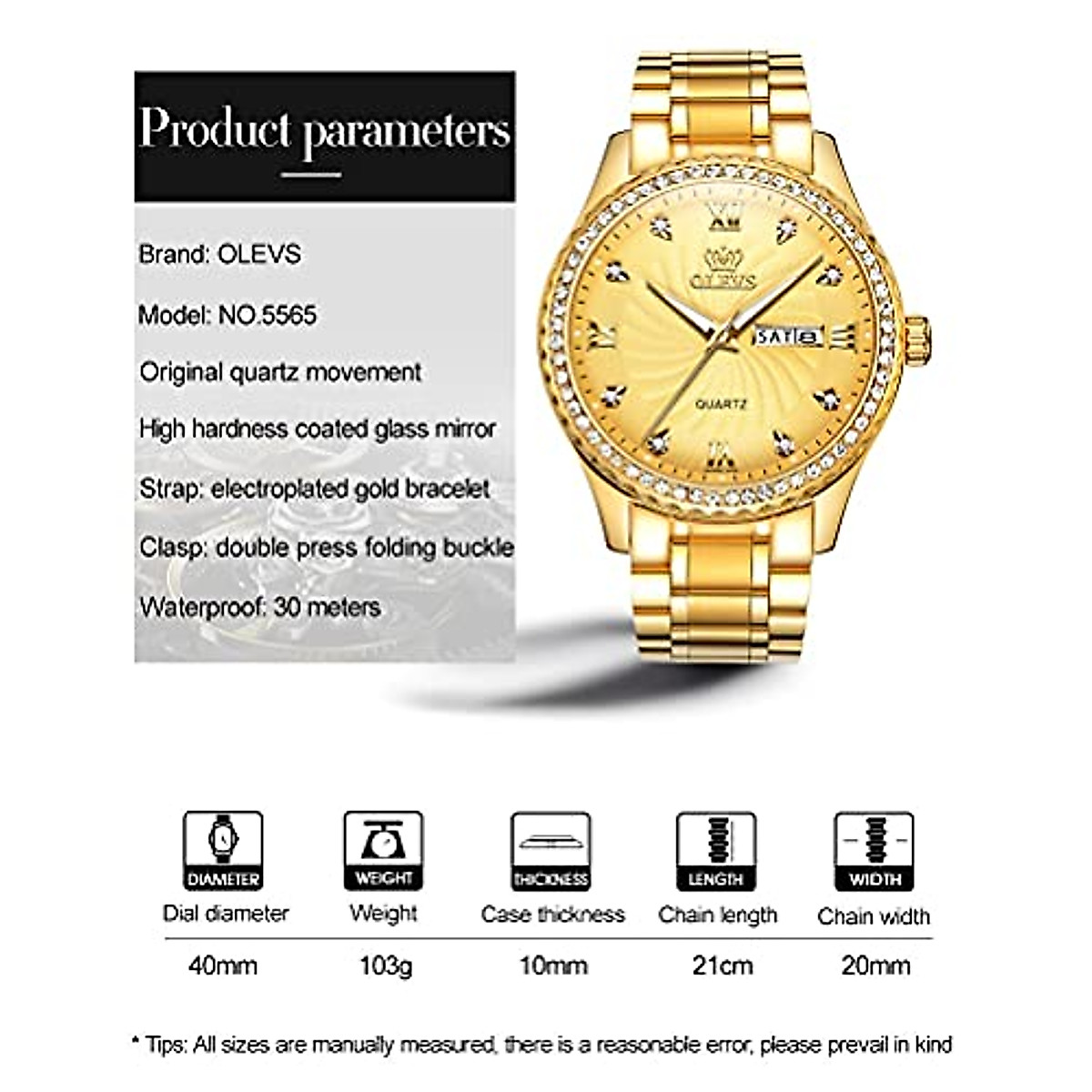 OLEVS Gold Watches for Men Diamond Luxury Wrist Watch Valentines Gifts Set Waterproof Stainless Steel Big Face Luminous Classic Casual Dress Day Date Calendar Analog Quartz Watch for Young Male