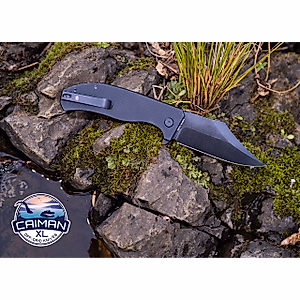 Off-Grid Knives - Caiman XL Folding Knife w. Bowie Blade, Sandvik 14C28N Steel, G10 Scales, Deep Carry Clip