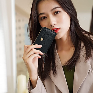 FOXLOVER Small Genuine Leather Credit Card Holders for Women, RFID Blocking Ladies Mini Card Case Women's Card Wallets with Gift Box Packing (Black)