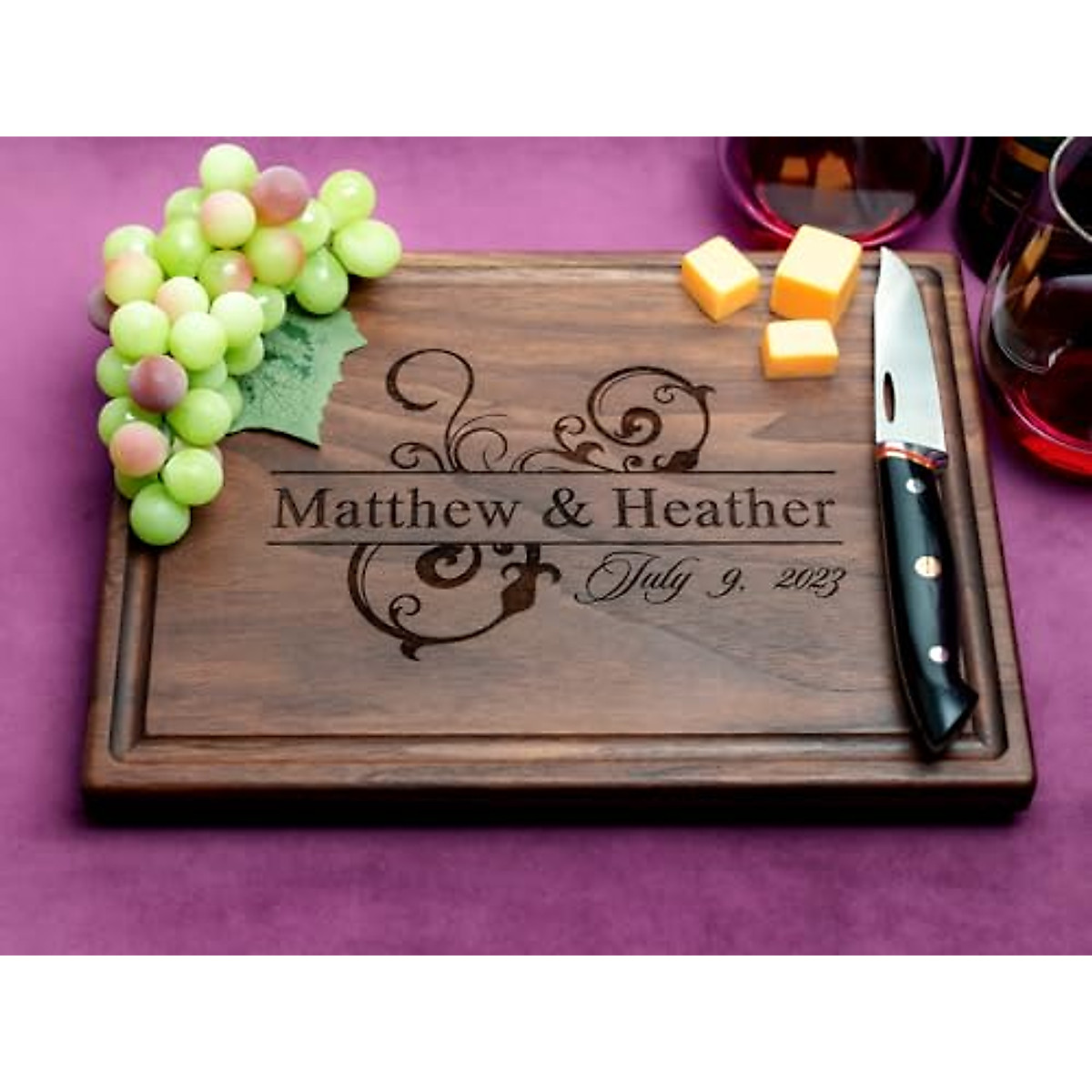 Straga Personalized Cutting Boards | Handmade Wood Engraved Charcuterie | Custom Wedding, Anniversary, Engagement Gift for Couples (Artistic Swirl Design No.206)
