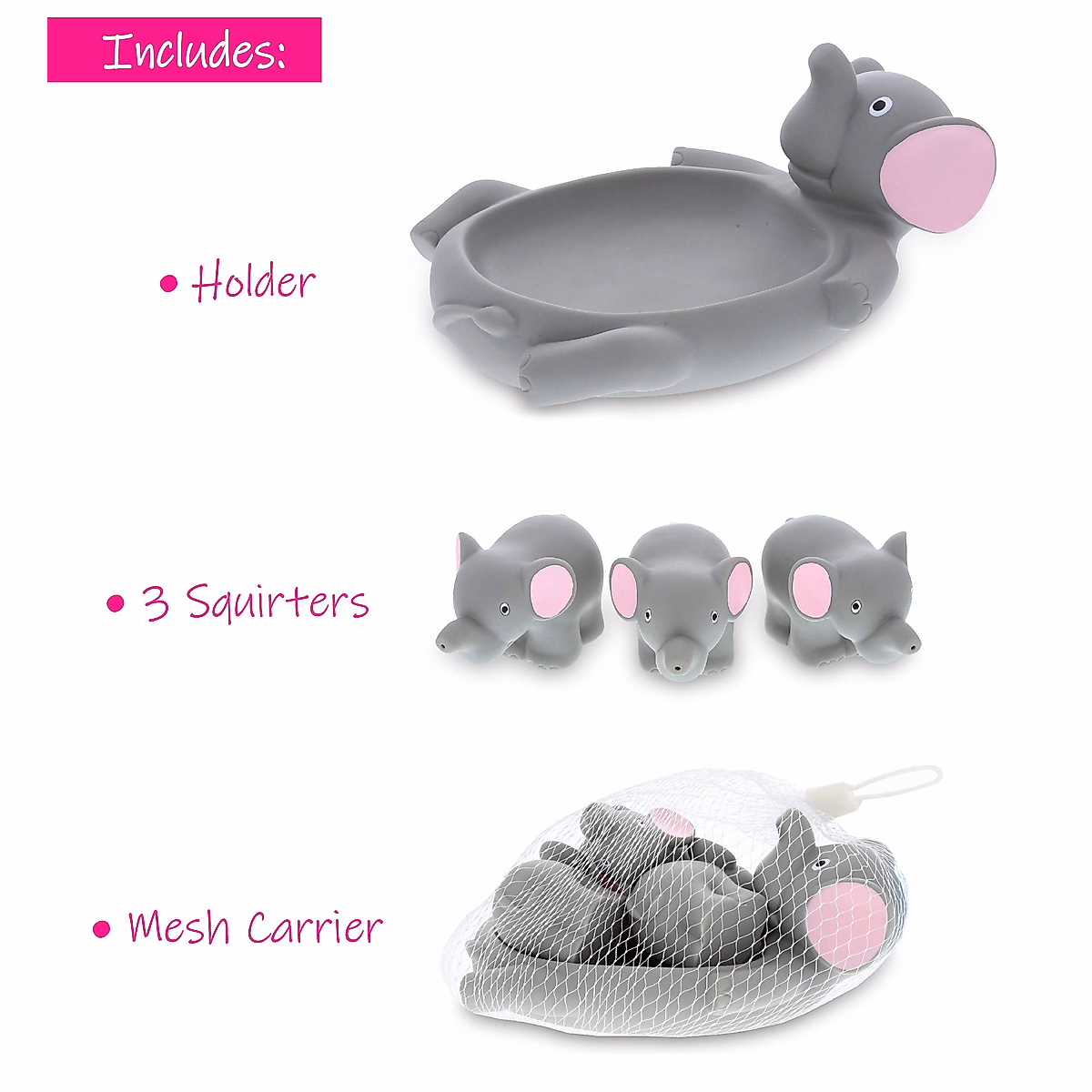 DolliBu Elephant Family Animal Bath Squirters 4 Piece Bath Toy Set, Children Bath Toys for Bathtime & Water Fun, Girls & Boys Floating Rubber Squirt Toys, Pool Toys for Kids - Gray Elephant