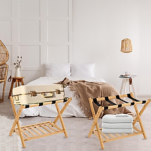 koyasiry Fully Assembled Luggage Rack,2-Packed,Foldable Bamboo Luggage Rack for Guest Room Suitcase Stand with Nylon Straps,Luggage Stand Bamboo Luggage Holder with Shelf for Bedroom,Hotel,No Assembly