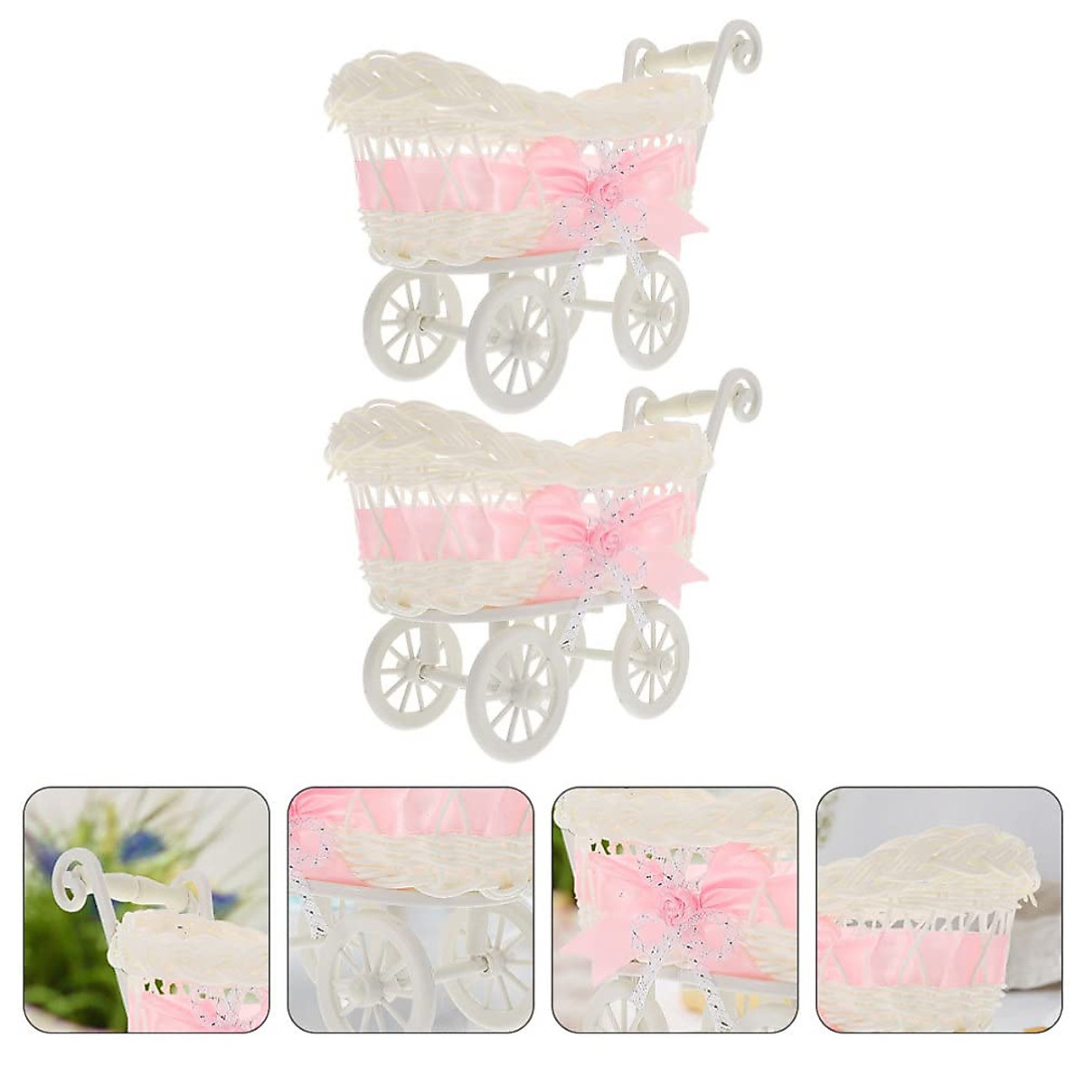 ARTIBETTER 2pcs Wicker Stroller Rattan Woven Basket Candy Snacks Goodie Treat Cart for Shower Centerpieces Decoration Pink