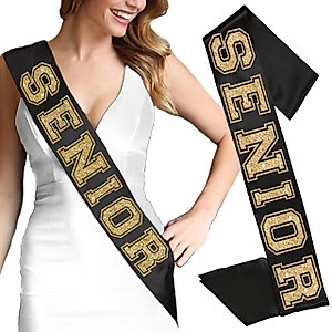 RhinestoneSash Senior Sash - Senior Gold Glitter Black Premium Quality PREMIUM GRADE SATIN Sash - Senior Send Off Gifts - Black Sash(GLD Senior) Blk