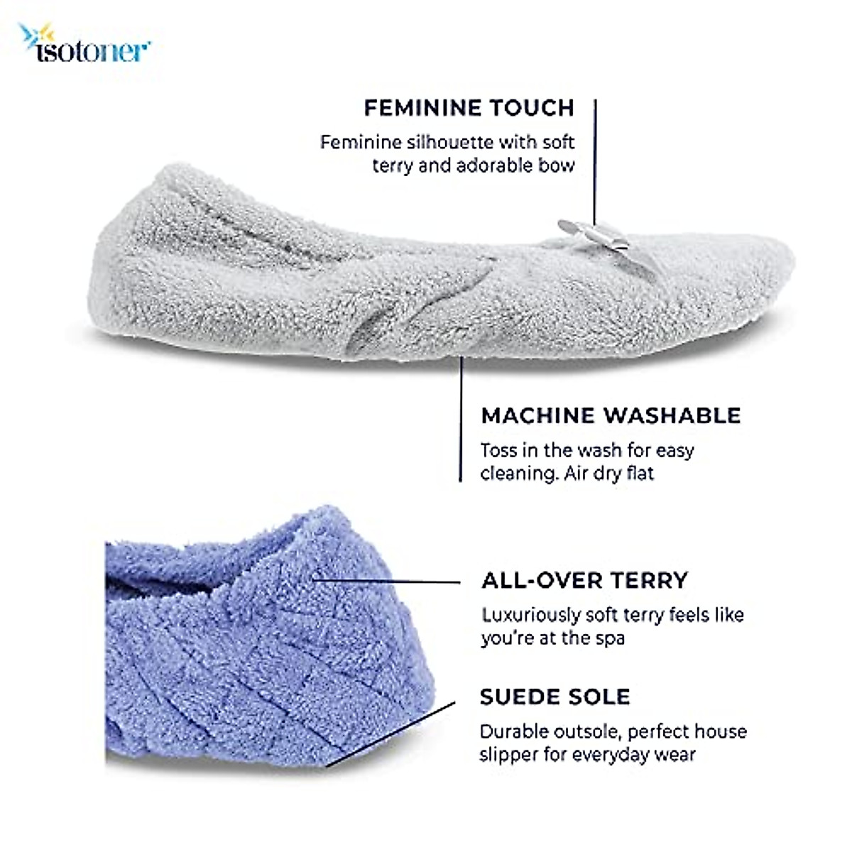 isotoner womens 2 Pack Ballerina Slipper Quilted and Solid Ballet Flat, Light Grey Quilted, Navy Blue Solid, 6.5-7.5 US