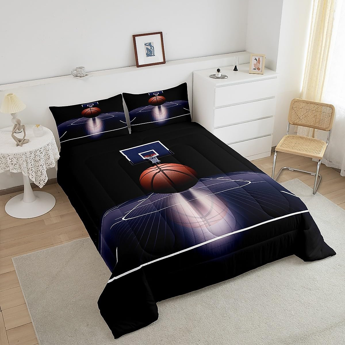 Basketball Comforter Set Queen for Boys Kids 3D Sports Games Room Decor Basketball Court Comforter Aldults Bedroom Ball Games Bedding Set 1 Comforter with 2 Pillow Cases,Lightweight Warm Soft