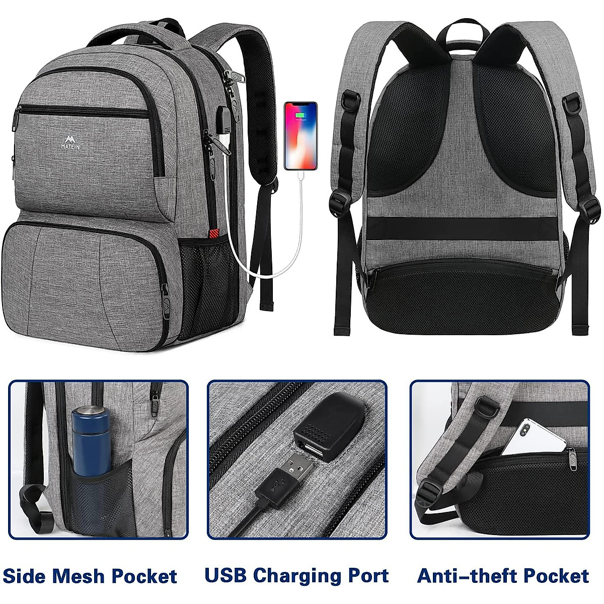 MATEIN Lunch Backpack, 17 inch Insulated Cooler Backpack with USB Charging Port for Women Men, Water Resistant College Lunch Box Backpack with Laptop Compartment for Work Picnic Travel Beach, Gifts