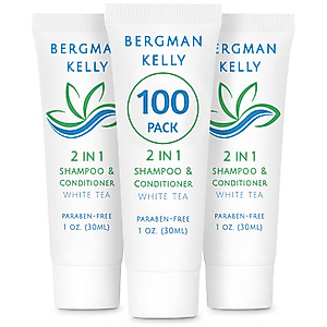 Bergman Kelly - Travel Size 2 in 1 Shampoo & Conditioner - 1 fl oz, 100 PK, White Tea - Delight Your Guests w/Revitalizing & Refreshing Shampoo Amenities, Quality Small Size Hotel Toiletries in Bulk