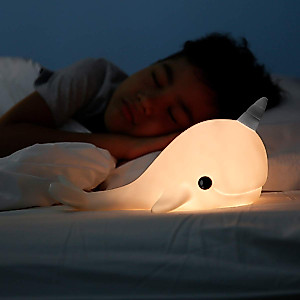 Navaris Narwhal Night Light - Battery Powered Color Changing LED Lamp for Kids, Baby Nursery, Boys, Girls - BPA-Free and Phthalate-Free - Light Blue