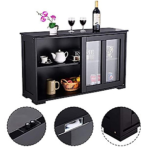 FANTASK Kitchen Storage Cabinet Sideboard, Stackable Buffet w/Height-Adjustable Shelf & 2 Glass Sliding Doors, Accent Console Table for Kitchen Dining Living Room Hallway Office (Black)
