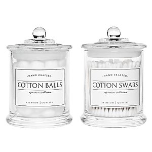 Volisnova 2 Pack Farmhouse Apothecary Jars with Lids - Glass Qtip Dispensers and Cotton Ball Holders for Bathroom Vanity Storage and Organization with 8 Pcs Wterproof Labels (Clear Glass)