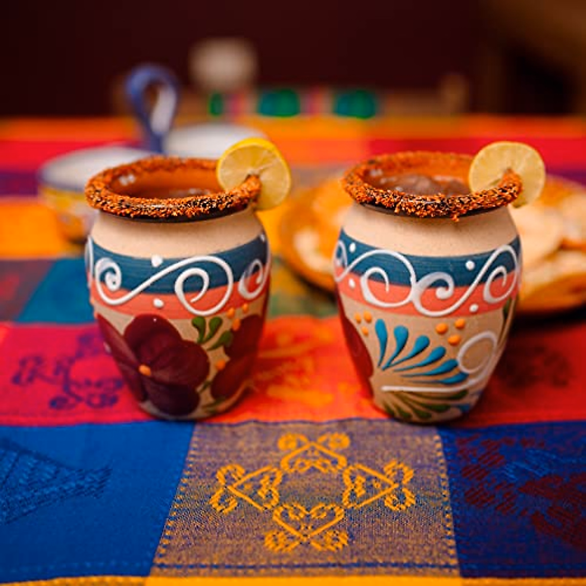 Cantaritos de Barro Jarritos Mexicanos - Set of 2 Authentic Mexican Glazed Clay Mugs 14 Oz For Drink Margaritas & Tequila Special For Taco Tuesda & Mexican Parties (Navy Blue Rim Flowers Desing)