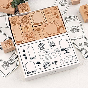 RISYPISY Mushroom Wooden Rubber Stamps, 10pcs Specimen Bottle Rubber Stamps & 12 Sheets Jar Shape Cards for Card Making, DIY Craft, Scrapbooking, Diary Decor