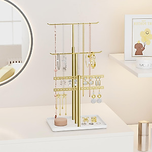 susswiff Jewelry Holder Organizer Stand - Adjustable Jewelry Tree 17.5" Height (Max), Jewlery Hanger for Necklaces, Bracelets, Earrings, Aesthetic for Storage and Display, Metal, Gold and White