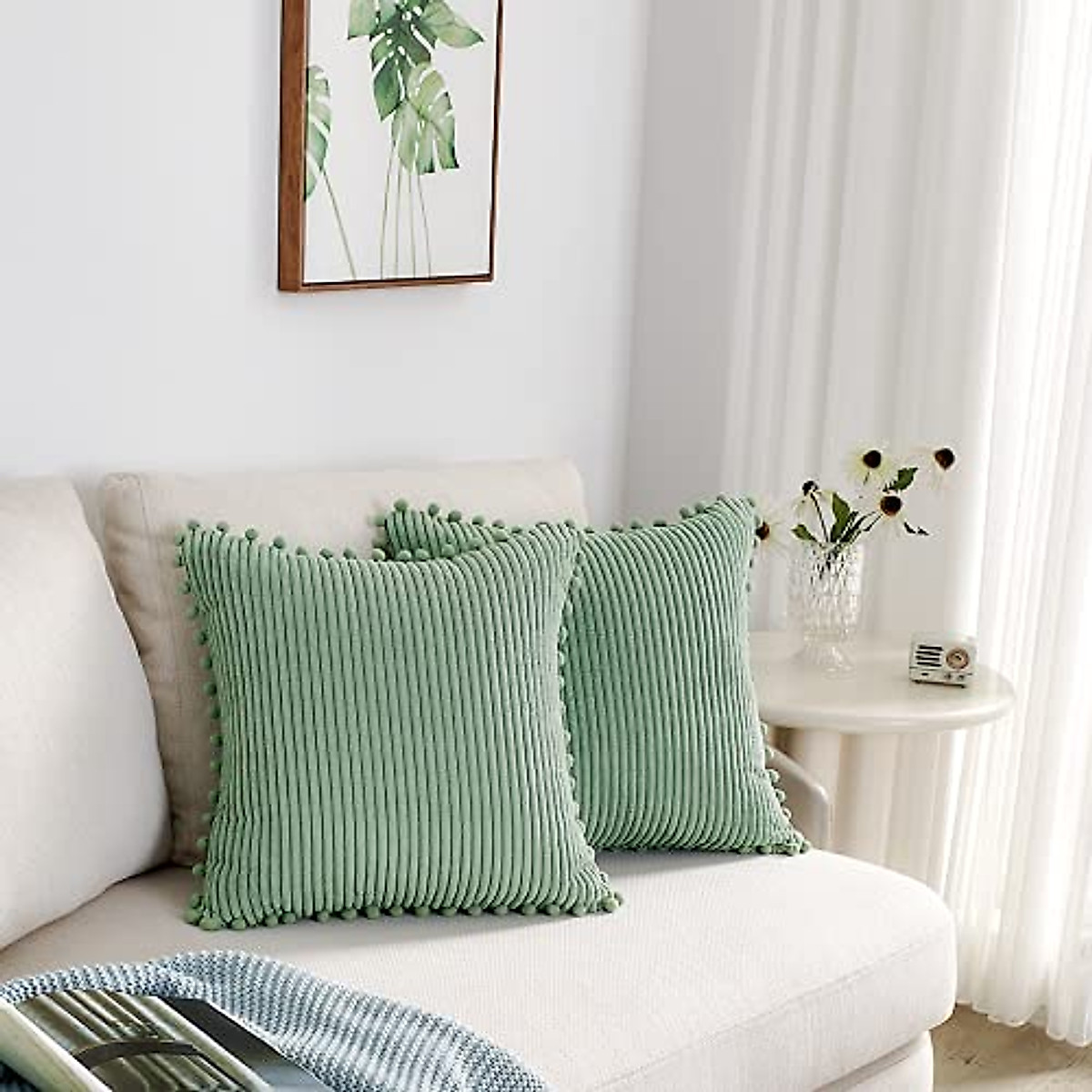 Pack of 2 LEISROUL Decorative Throw Pillow Covers with Cute Pompoms,Boho Accent Pillows for Bedroom and Living Room (Mint, 18" 18")