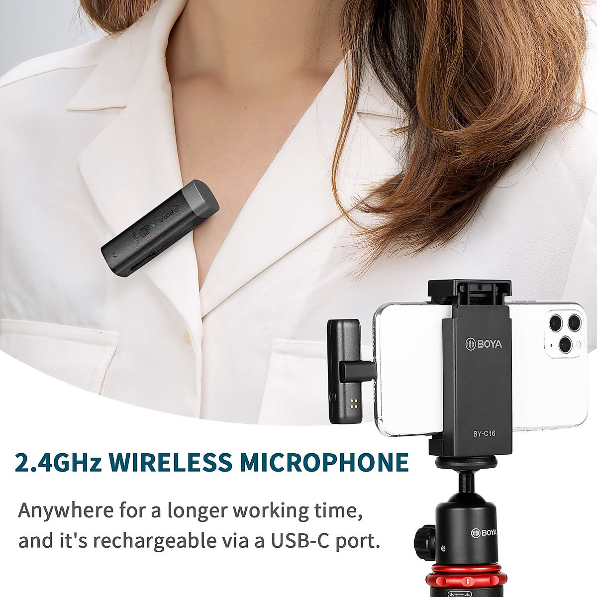 BOYA Wireless Lavalier Microphone System for iPhone Livestream, 2.4GHz Mic with Buit-in Battery & Charging Case for iPad, Tablets, DSLR Camera, Camcoder, Home Video Recording Vlog Interview