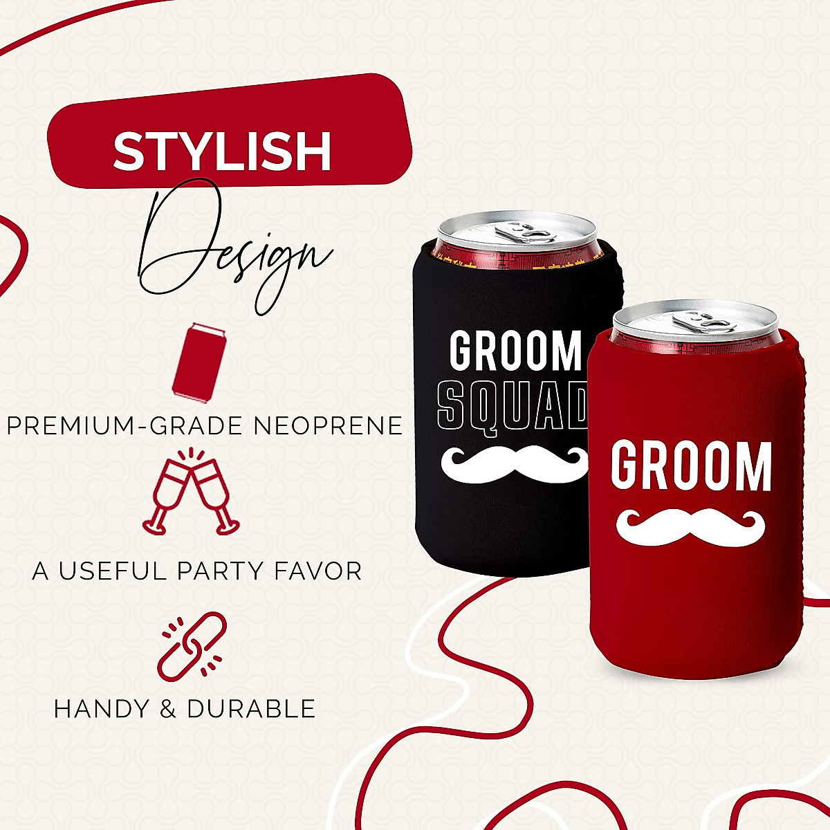 Your Dream Party Shop Groom and Grooms Squad Bachelor Party Can Coolers, Set of 12 Beer Can Coolies, Perfect Bachelor Party Decorations and as Grooms Men Gifts (Red)