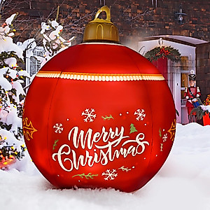 IOKUKI Light Up PVC Inflatable Christmas Ball, 24 Inch Large Outdoor Christmas PVC Inflatable Decorated Ball with Rechargeable LED Light & Remote for Outdoor Yard & Pool Decorations 1 PCS