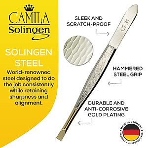 Camila Solingen CS31 3 1/2" Gold Tipped, Surgical Grade, German Stainless Steel Tweezers (Straight) - Flawless Facial Hair and Eyebrow Shaping and Removal for Men/Women