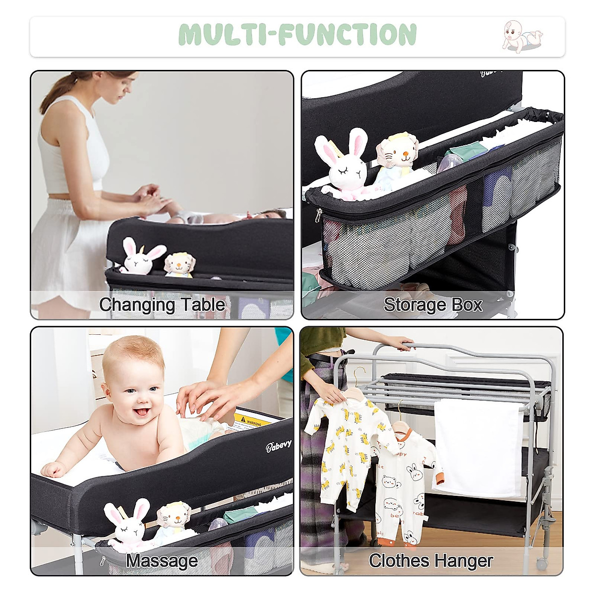 Babevy Portable Baby Changing Table, Foldable Changing Table Dresser Changing Station for Infant, Waterproof Diaper Changing Table Pad Topper, Mobile Nursery Organizer for Newborn Essentials, Black