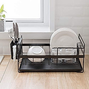 SUNFICON Dish Drainer Dish Drying Rack Kitchen Countertop Dishes Draining Holder Organizer with Drip Tray Cutlery Utensil Holder Heavy Duty Metal RV Studio Small Apartment 18.5x10.83x7.48in,Black
