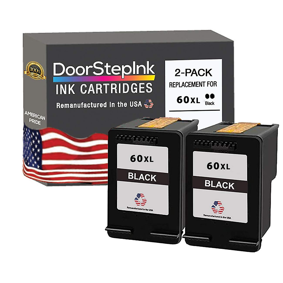 DoorStepInk Remanufactured in The USA Ink Cartridge Replacements for HP 60XL 60 XL 2 Black for PhotoSmart C4780 C4795 C4680 C4650 D110 D110a DeskJet F4480 F4280 F4580 D2530 D2545 D2680 Envy 100