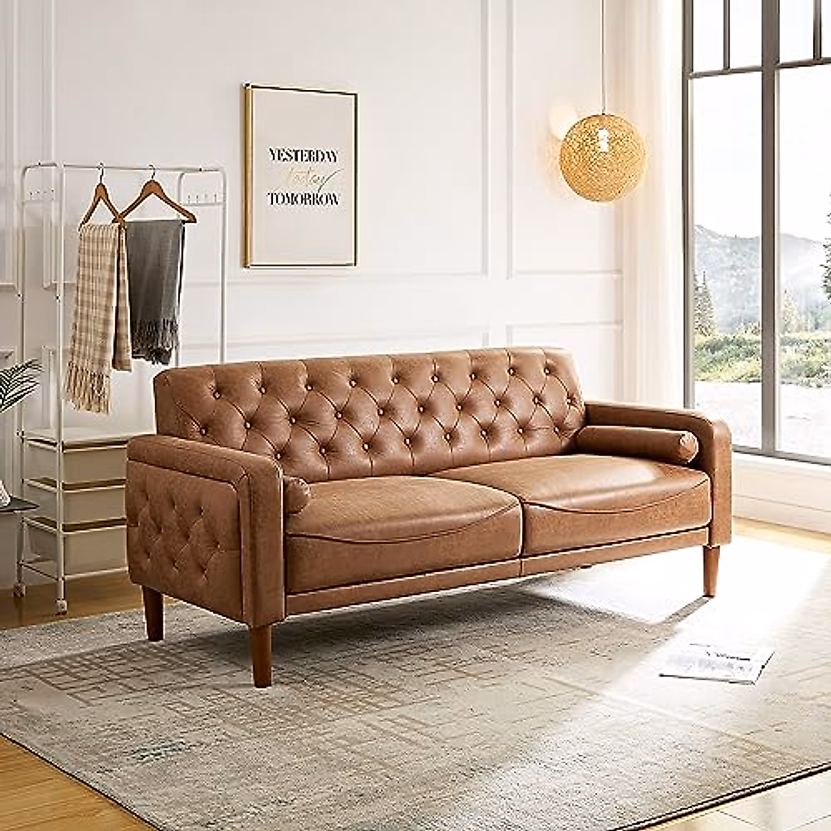 Lunanniu 78 Inch Vegan Leather Sofa Faux Leather Couches Loveseat Button Tufted Back Mid Century Modern 2 Bolster Pillows Solid Wood Frame and Legs 2 Seat Love Seat for Living Room Brown