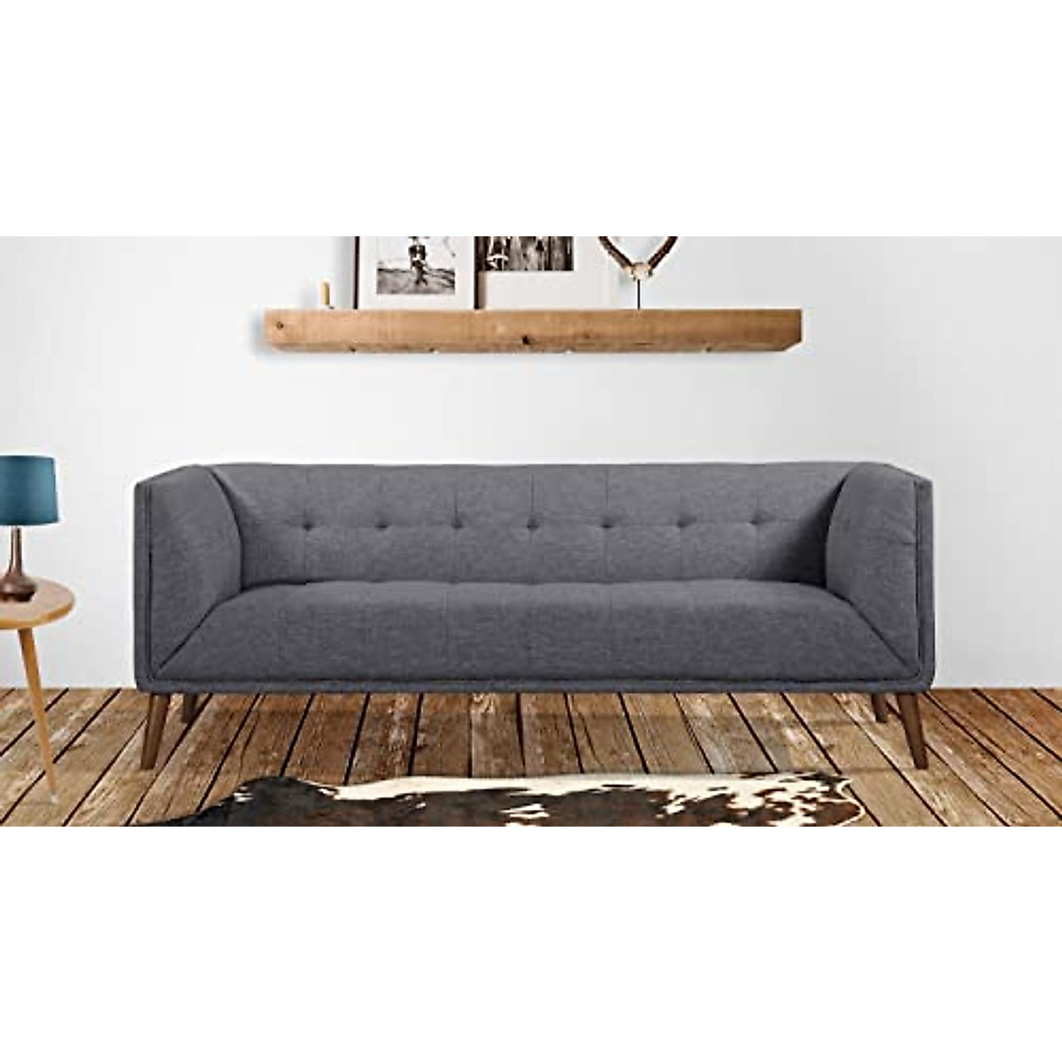 Armen Living Hudson Sofa in Dark Grey Linen and Walnut Wood Finish