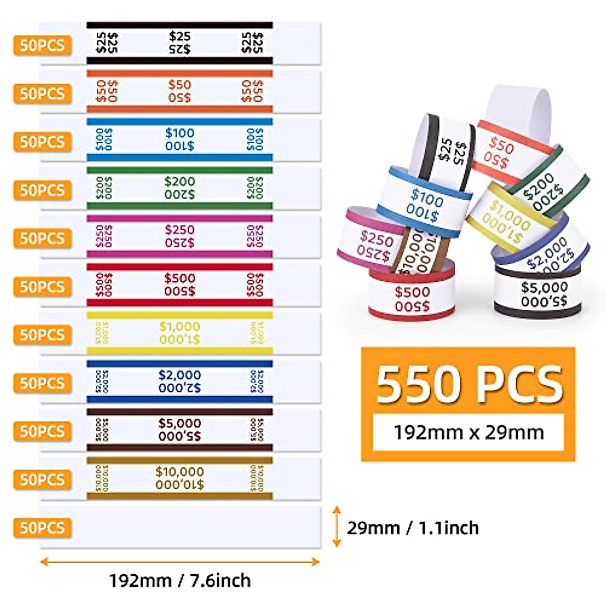 PONNOR 550 Pack Money Bands for Cash Self Adhesive Wrappers for Bills 11 Colors Currency Straps for Dollar Wraps Organizer(50 of Each - 550 Assorted)