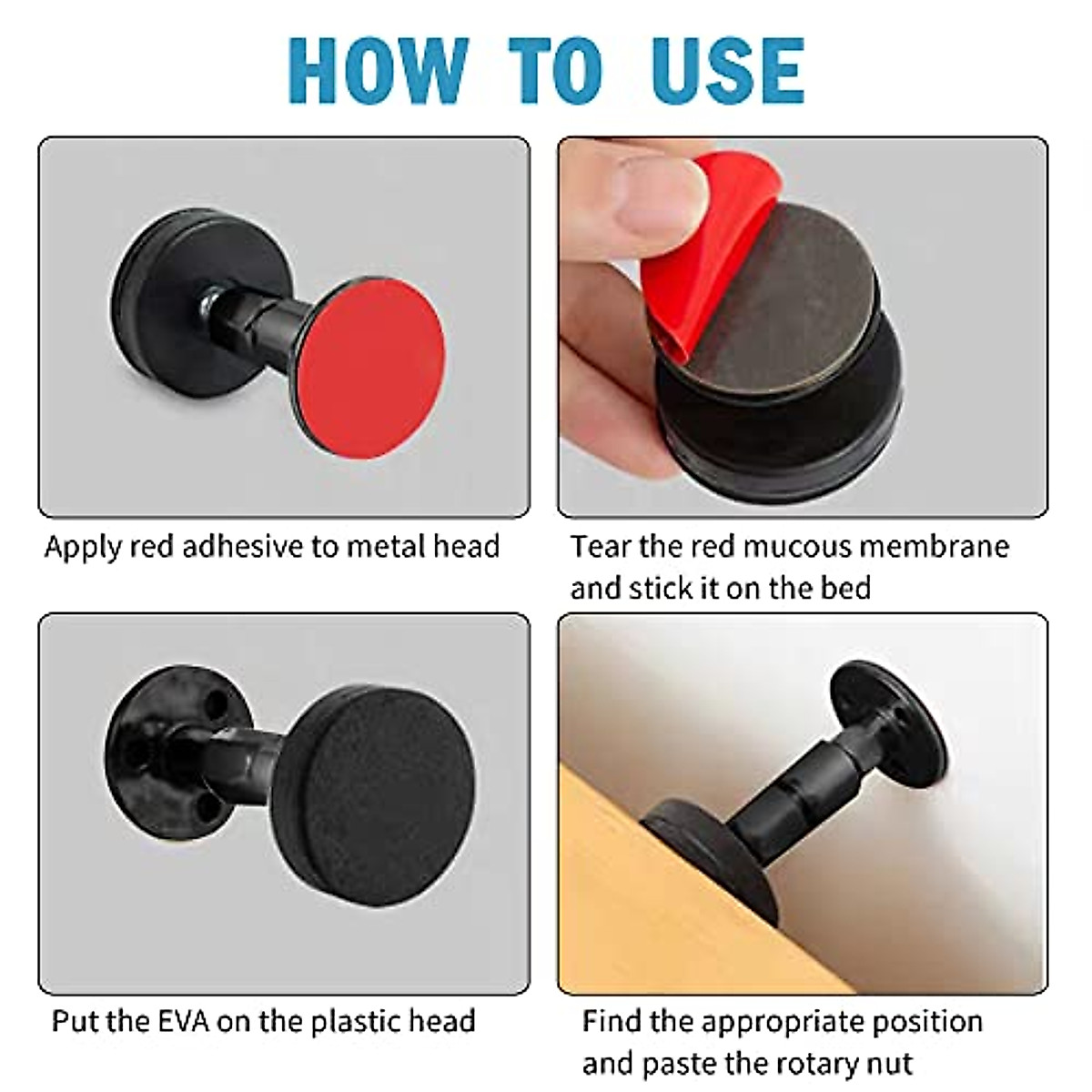 Krisler Adjustable Threaded Bed Frame Anti-Shake Tool, Headboard Stoppers, Bedside Anti Shake Tool for Beds Cabinets Sofas, 4PCs, 30-68mm (Black)