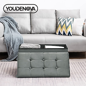 YOUDENOVA 30 Inches Folding Storage Ottoman Bench, Velvet Storage Chest, Footrest Couch with Wooden Legs, Support 350lbs for Bedroom, Living Room, Hallway, Grey