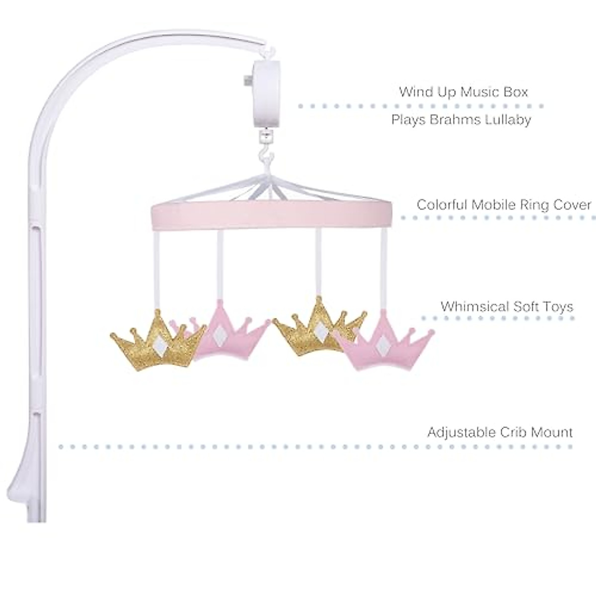 Sammy & Lou Tiara Princess Baby Crib Mobile with Music, Crib Mobile Arm Fits Standard Crib Rail